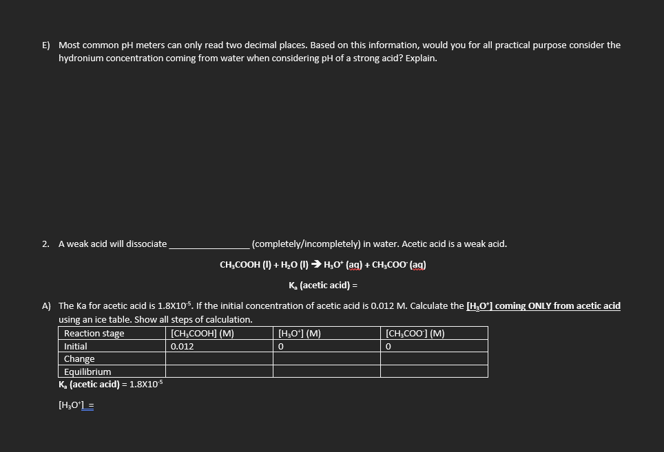 WS-9 (pH, pOH, ICE chart, and titration) Important | Chegg.com