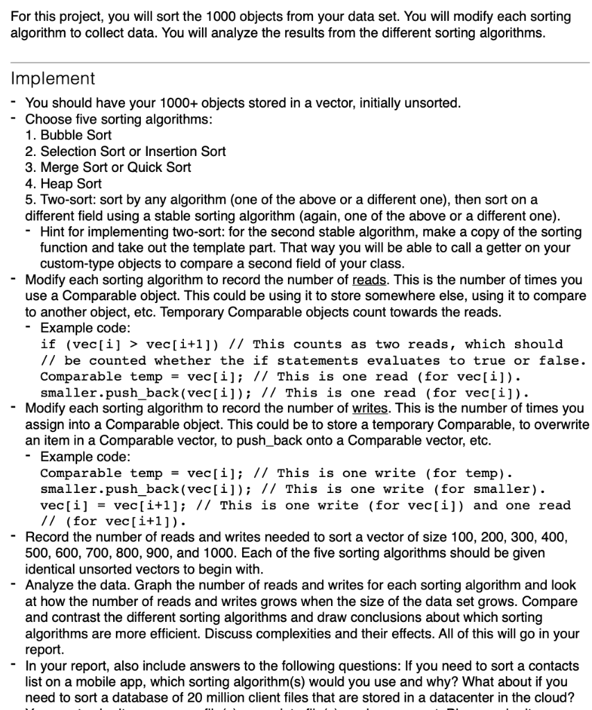 For this project, you will sort the 1000 objects from | Chegg.com