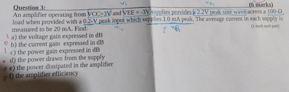 Solved Question 3: An amplifier operating from (VCC=3 V and | Chegg.com