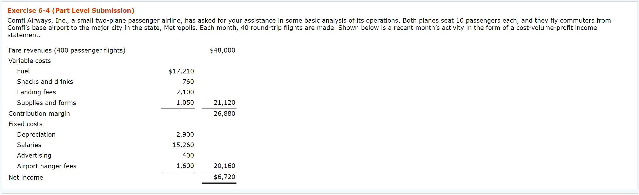 Solved Exercise 6-4 (Part Level Submission) Comfi Airways, | Chegg.com