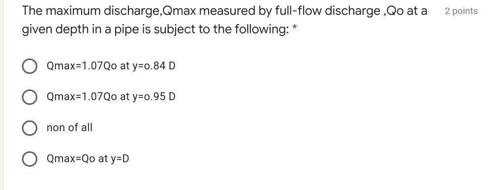 Solved 2 points The maximum discharge,Qmax measured by | Chegg.com