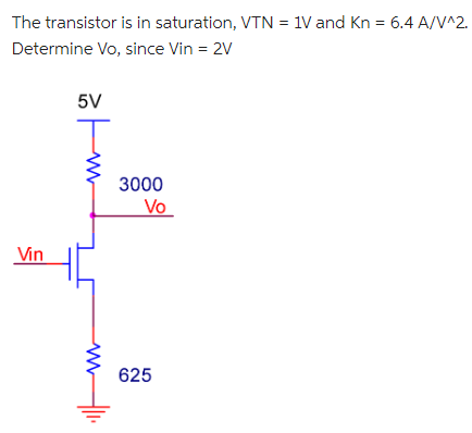Solved The transistor is in saturation, VTN=1 V and Kn=6.4 | Chegg.com
