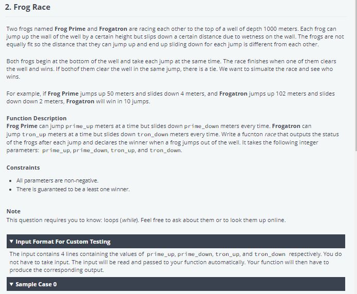 Solved 2. Frog Race Two frogs named Frog Prime and Frogatron | Chegg.com