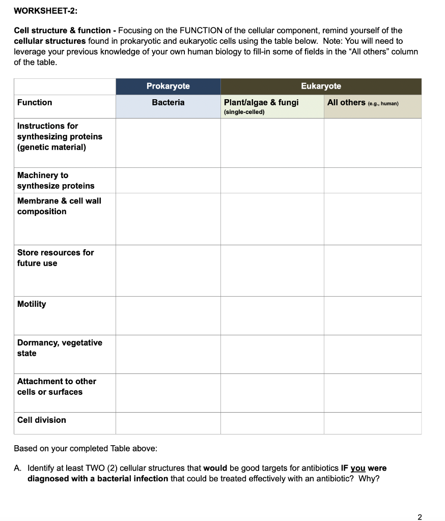 Solved WORKSHEET-2: Cell structure \& function - Focusing on | Chegg.com