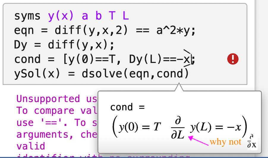 Solved syms y(x) a bTL eqn =diff(y,x,2)==a∧2∗y; Dy | Chegg.com