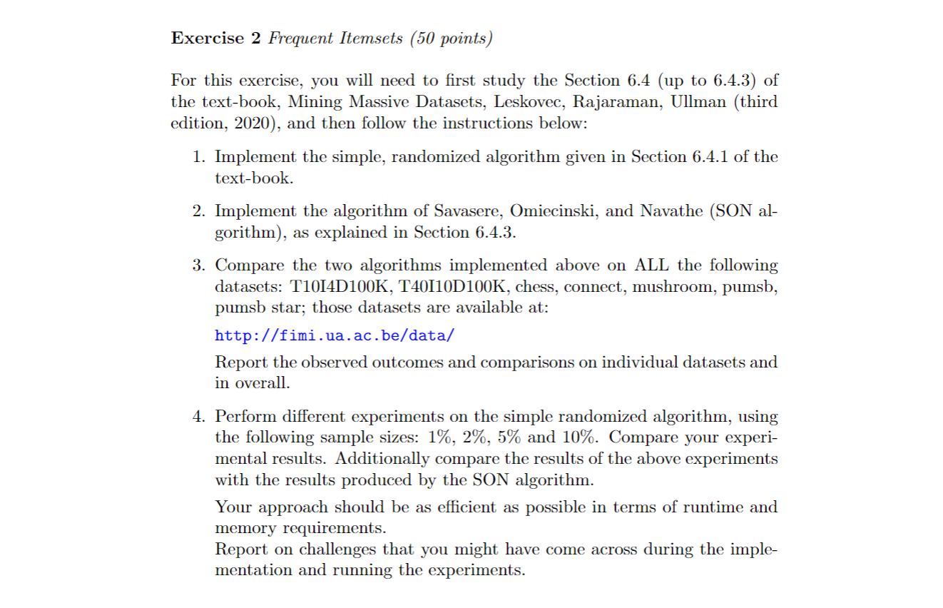 Solved Exercise 2 Frequent Itemsets (50 points) For this | Chegg.com