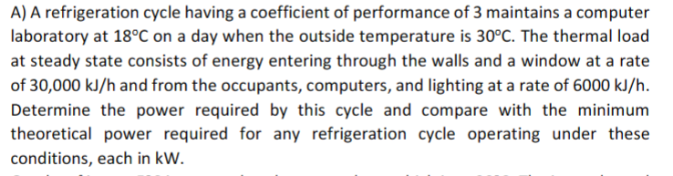 Solved A) A refrigeration cycle having a coefficient of | Chegg.com