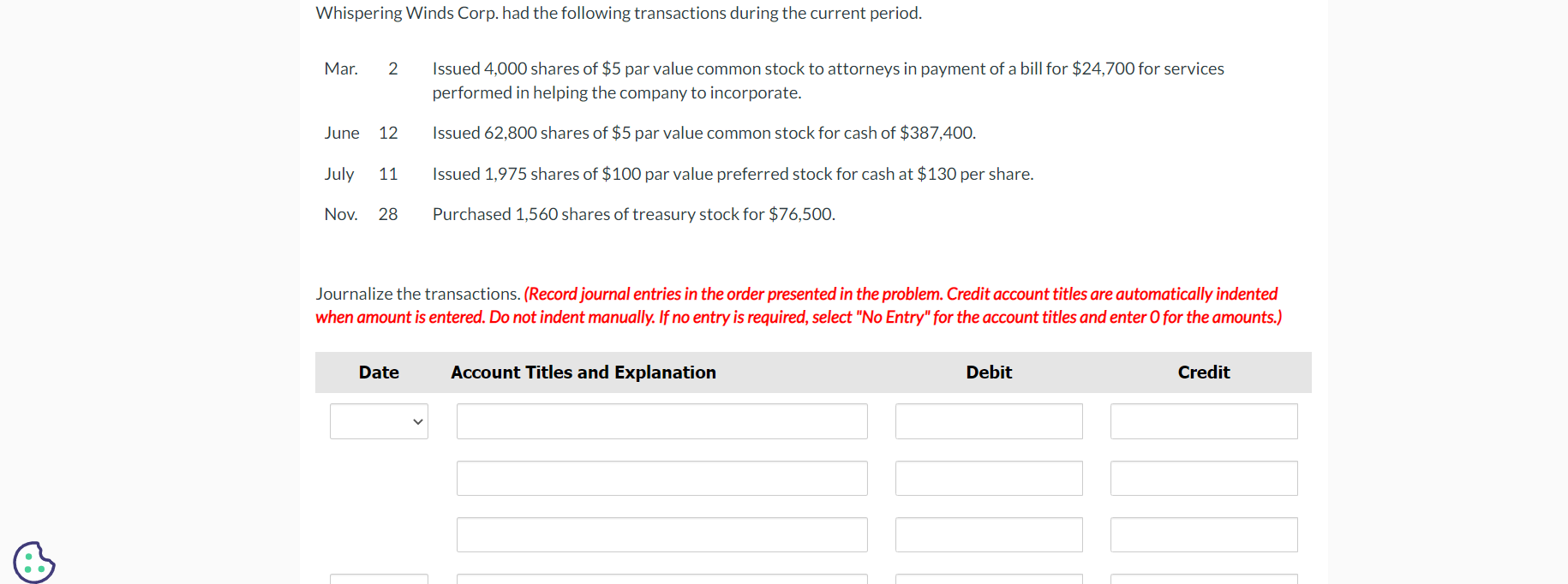 Solved Whispering Winds Corp. had the following transactions | Chegg.com