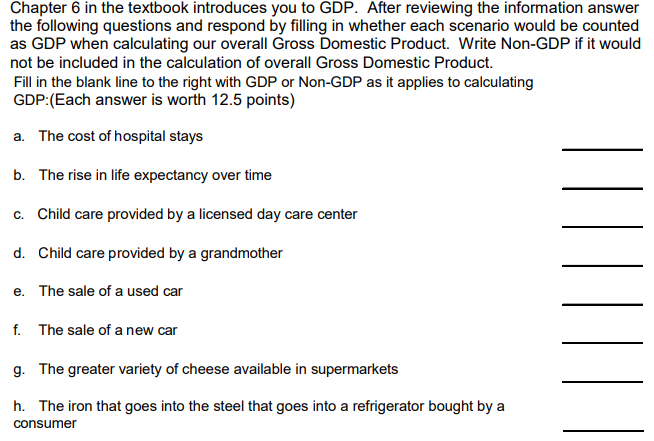 Solved Chapter 6 in the textbook introduces you to GDP. | Chegg.com