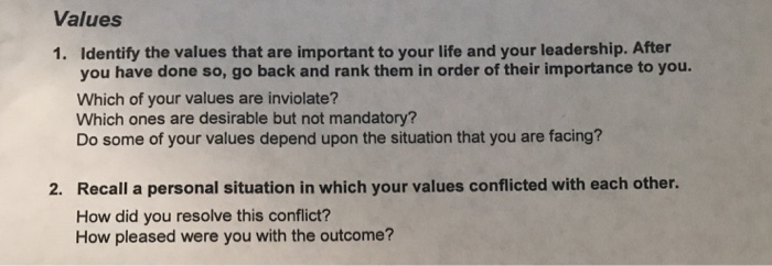 Solved Values 1. Identify the values that are important to | Chegg.com