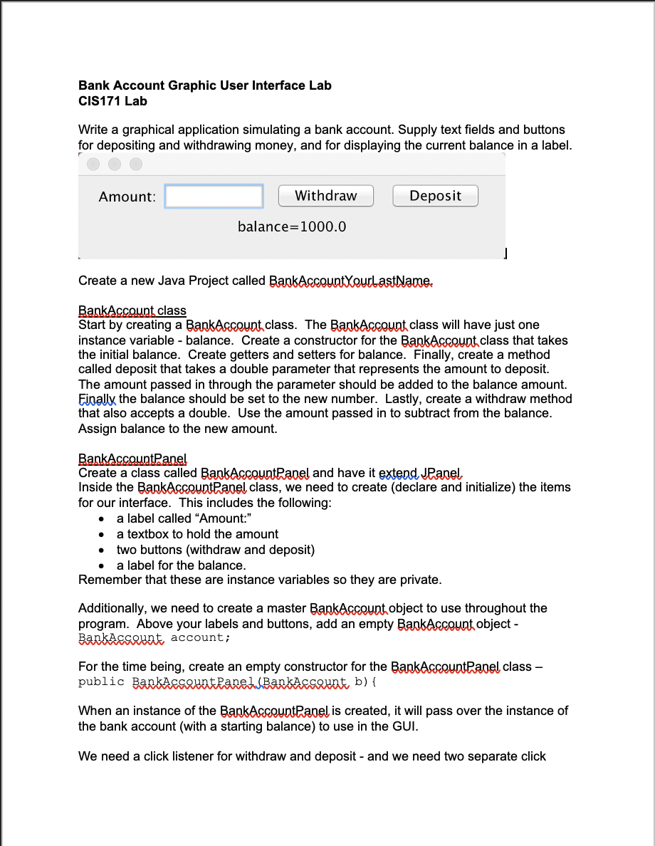 Solved Bank Account Graphic User Interface Lab CIS171 Lab | Chegg.com