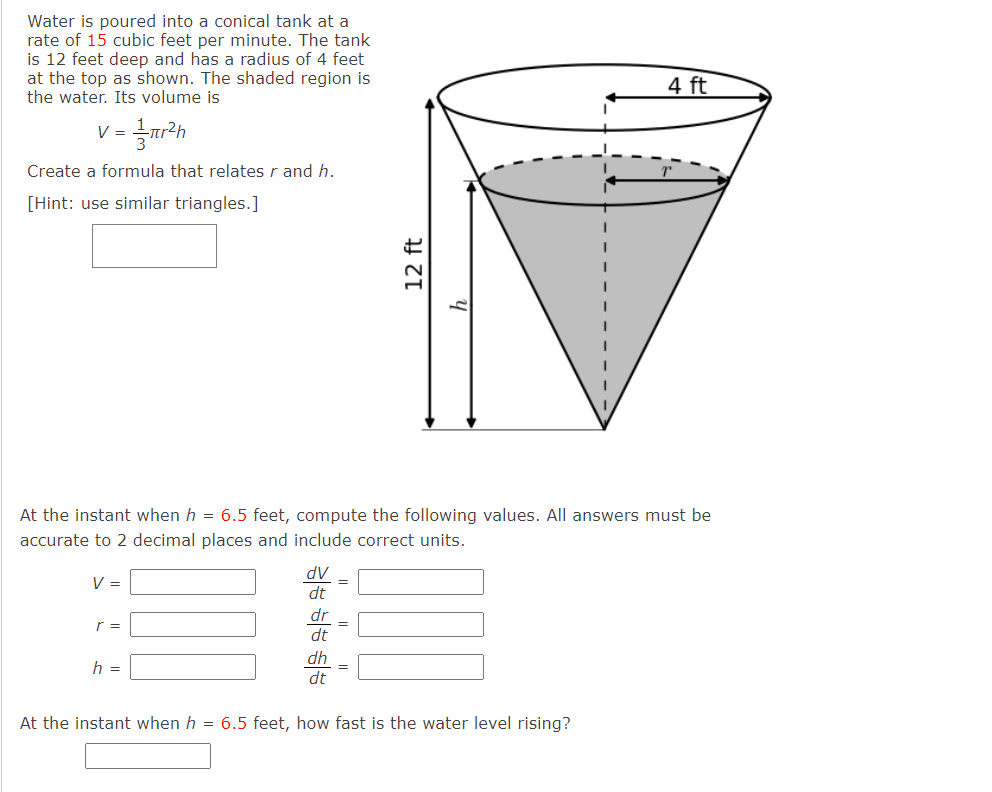 Solved Water is poured into a conical tank at a rate of 15 | Chegg.com