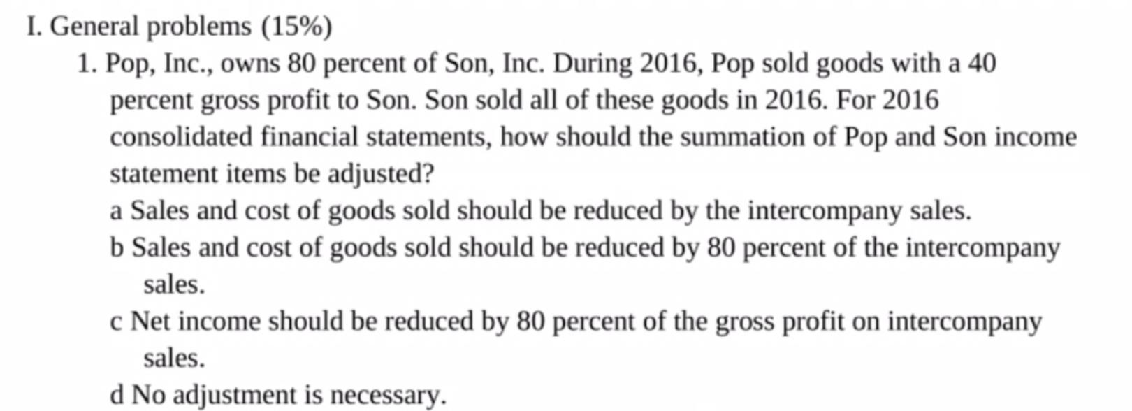 Solved I. General problems (15%) 1. Pop, Inc., owns 80 | Chegg.com