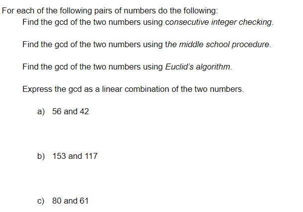 Solved For each of the following pairs of numbers do the | Chegg.com