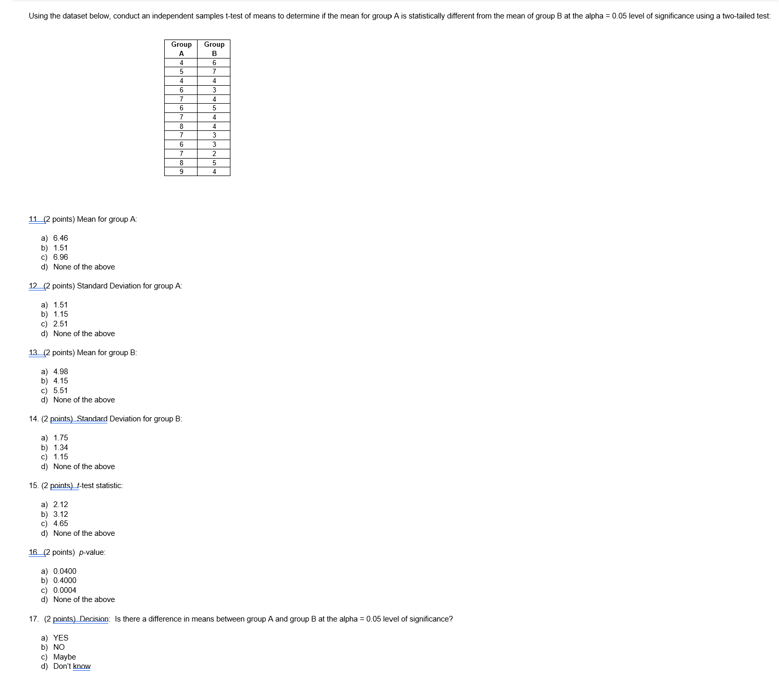 Solved 17. (2 ﻿points) ﻿ Decision: Is there a difference in | Chegg.com
