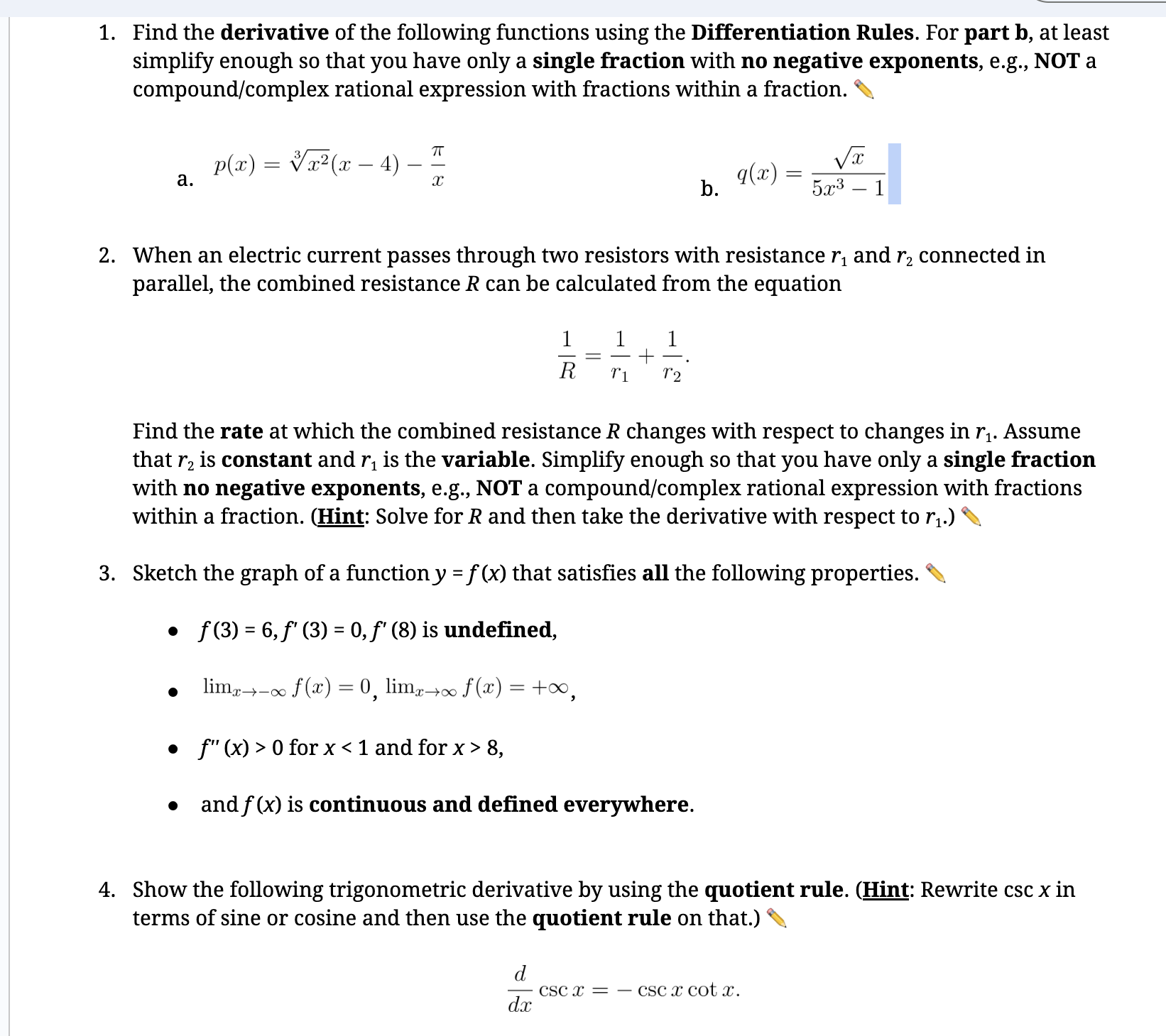 Solved 1 Find The Derivative Of The Following Functions 