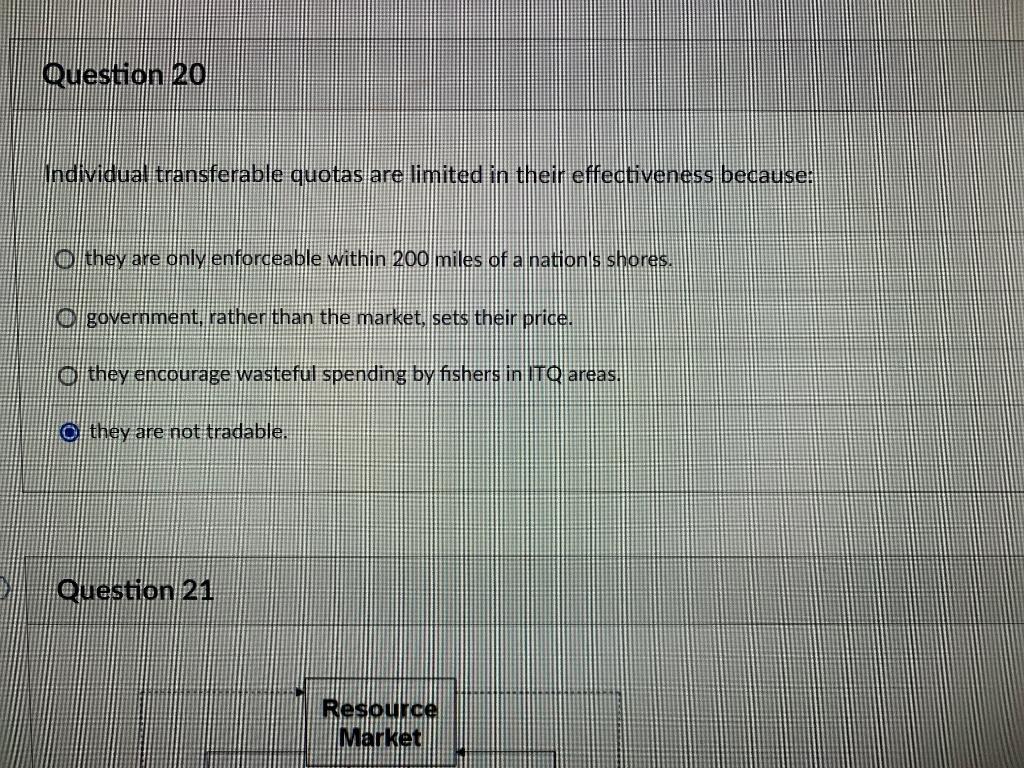 Solved Question 20 Individual transferable quotas are | Chegg.com
