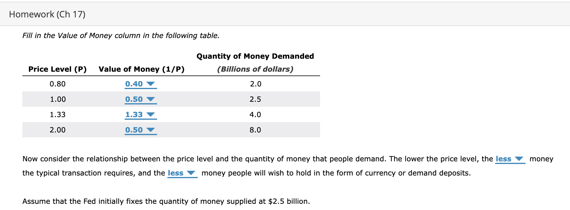 Solved Fill in the Value of Money column in the following | Chegg.com