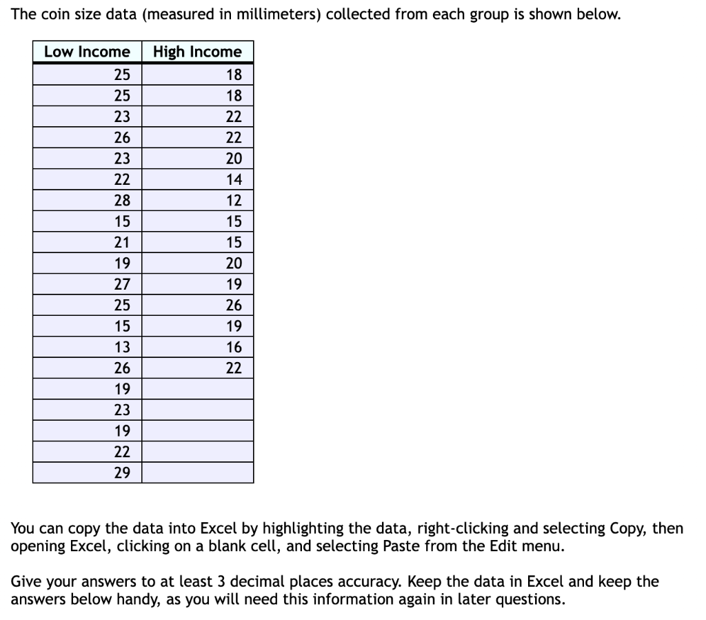 Solved The coin size data (measured in millimeters) | Chegg.com