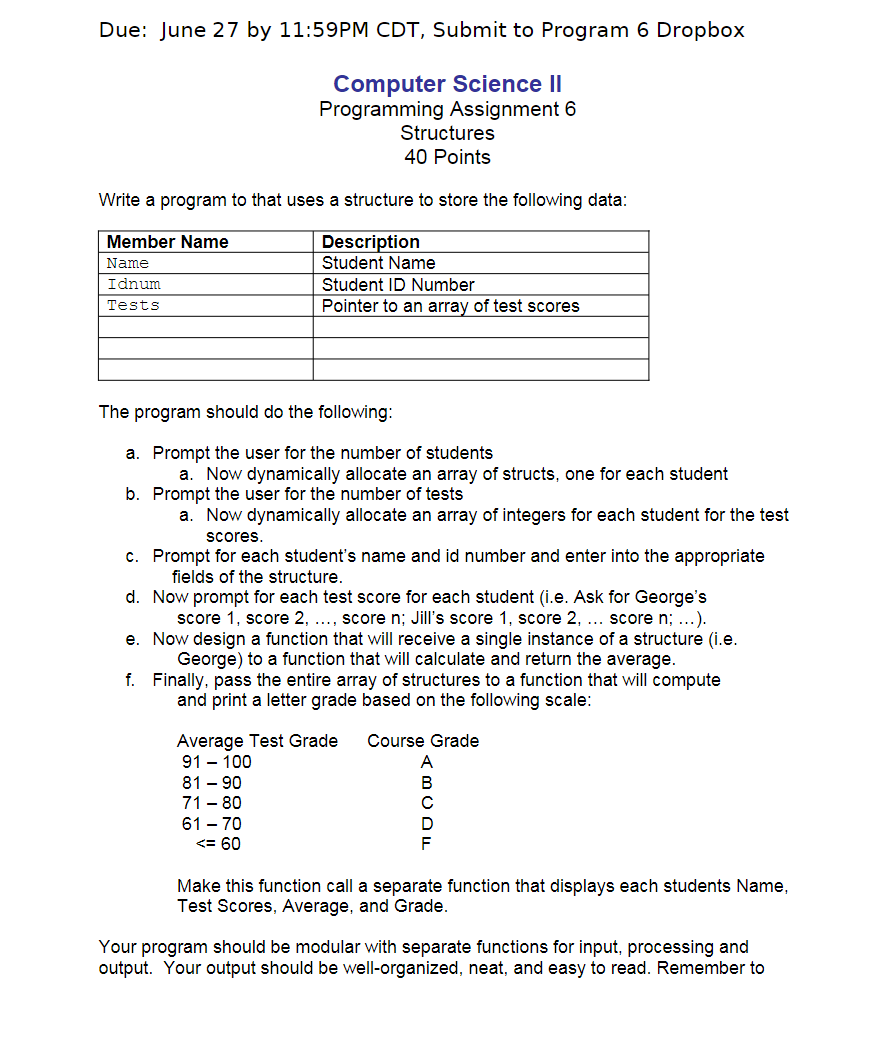Solved Due: June 27 by 11:59PMCDT, Submit to Program 6 | Chegg.com
