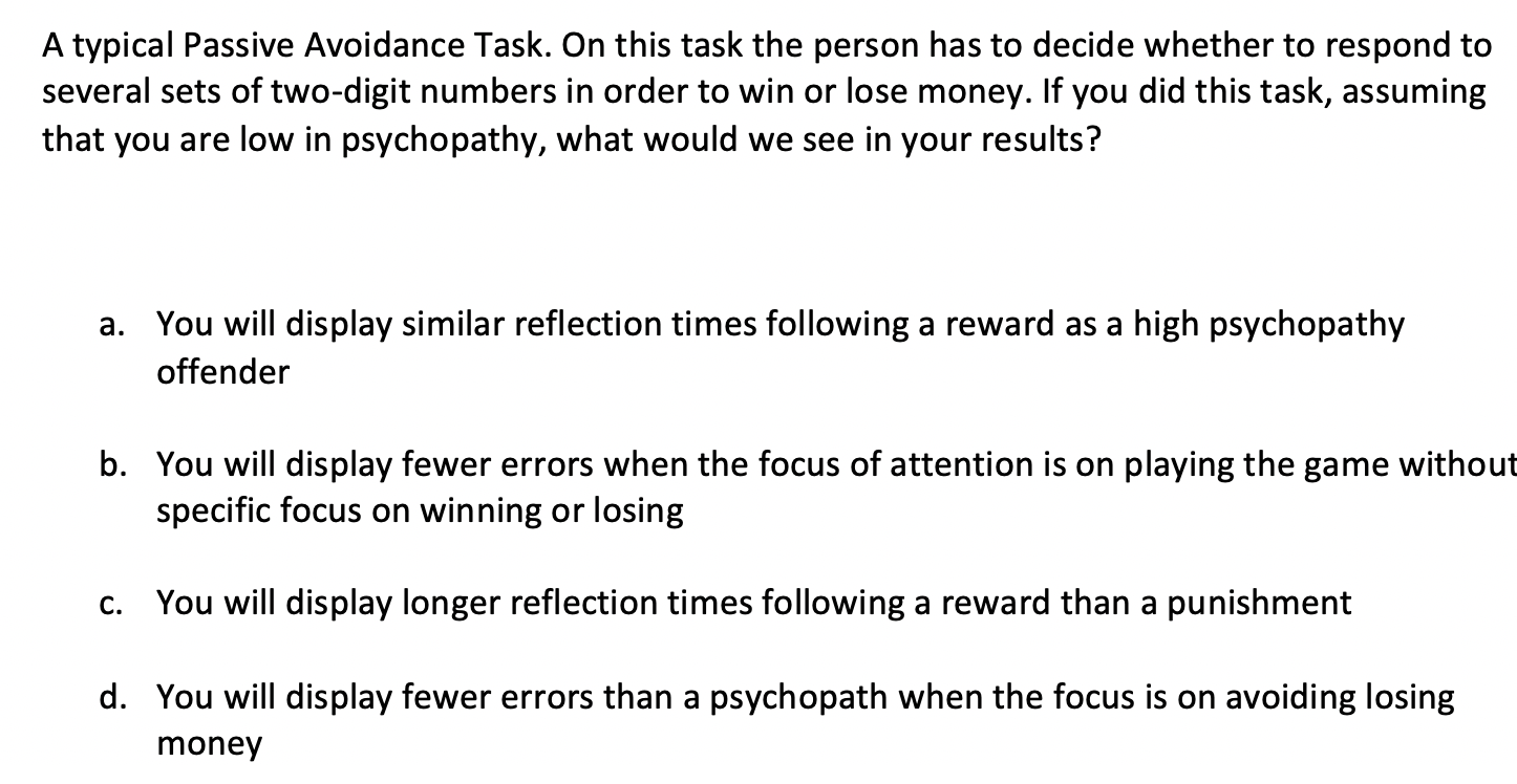 Solved A typical Passive Avoidance Task. On this task the | Chegg.com