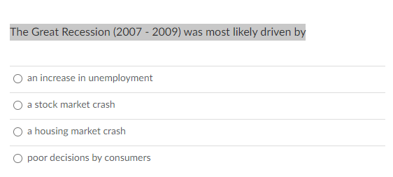 Solved The Great Recession (2007 - 2009) was most likely | Chegg.com