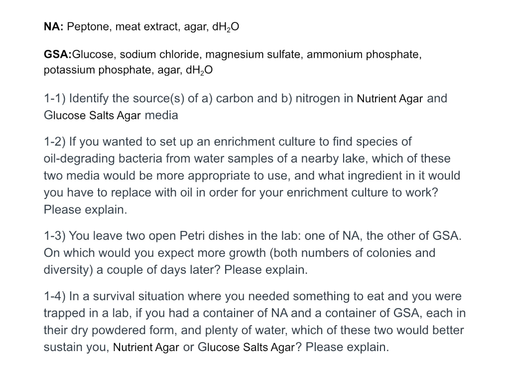 Solved NA: Peptone, meat extract, agar, dH2O GSA:Glucose, | Chegg.com