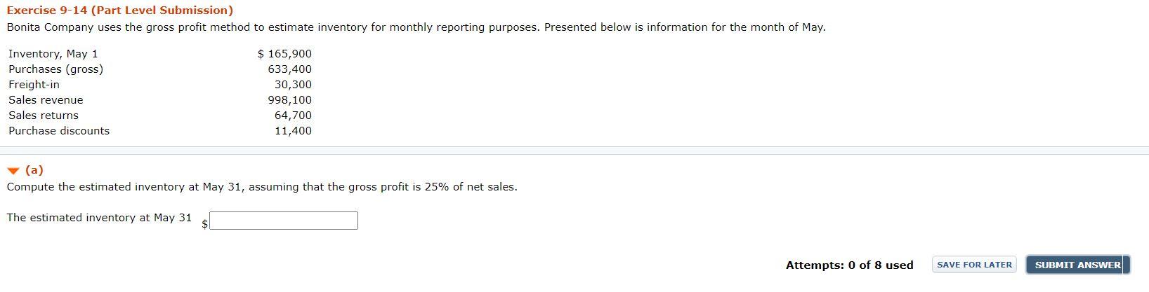 Solved Exercise 9-14 (Part Level Submission) Bonita Company | Chegg.com