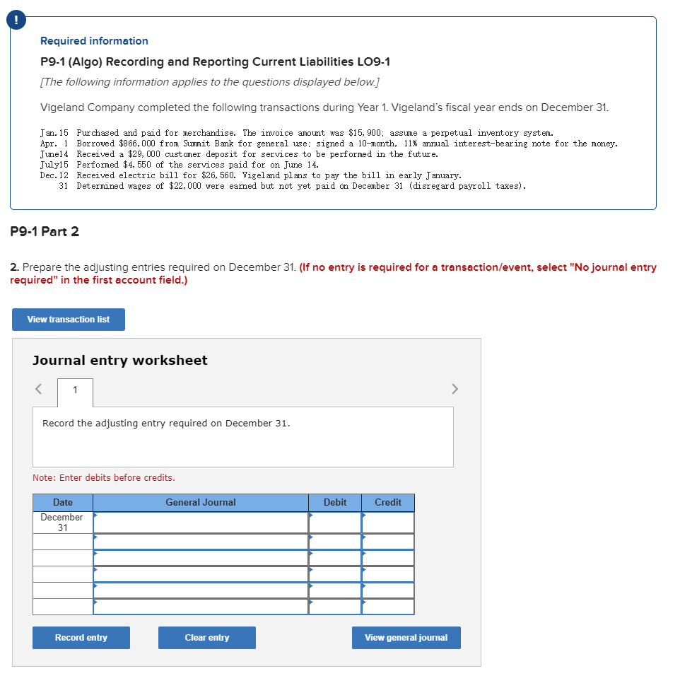 Solved Required information P9-1 (Algo) Recording and | Chegg.com