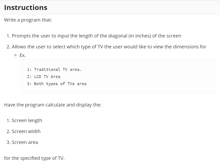 Solved Summary The screen size of a TV is given by the | Chegg.com