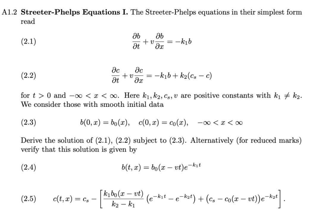 A1.2 Streeter-Phelps Equations I. The Streeter-Phelps | Chegg.com