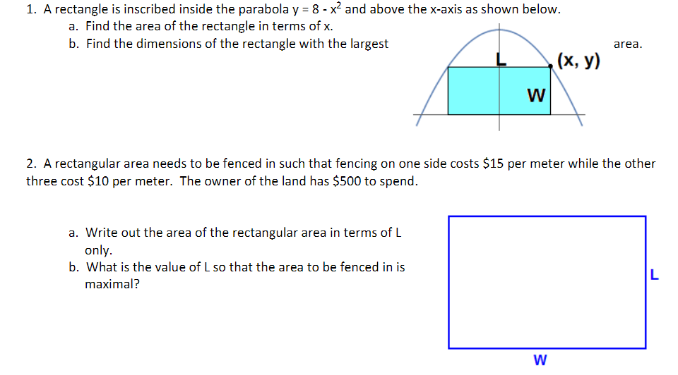 Solved 1. A rectangle is inscribed inside the parabola y = 8 | Chegg.com