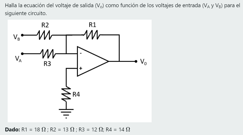 Solved Find V0 as a function of VA and VB. V0=____ VA + ____ | Chegg.com