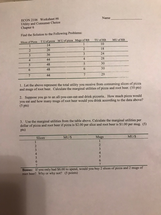 Solved ECON 2106 Worksheet #6 Utility and Consumer Choice | Chegg.com