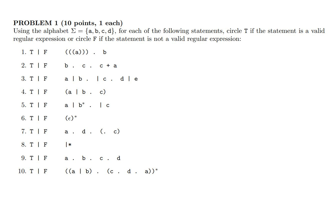 Solved PROBLEM 1 (10 points, 1 each) Using the alphabet = | Chegg.com