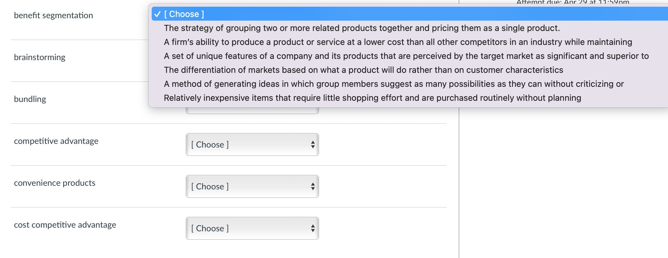 Solved \begin{tabular}{|l|l|} \hline benefit segmentation & | Chegg.com
