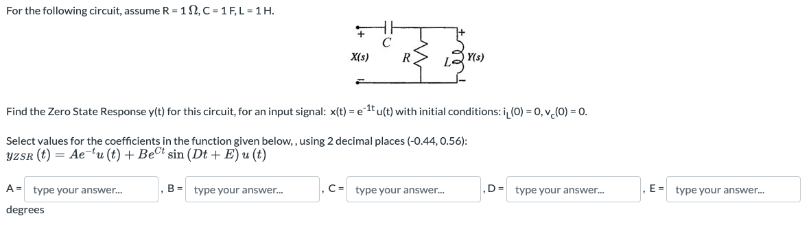 Solved For the following circuit, assume R=1Ω,C=1F,L=1H. | Chegg.com