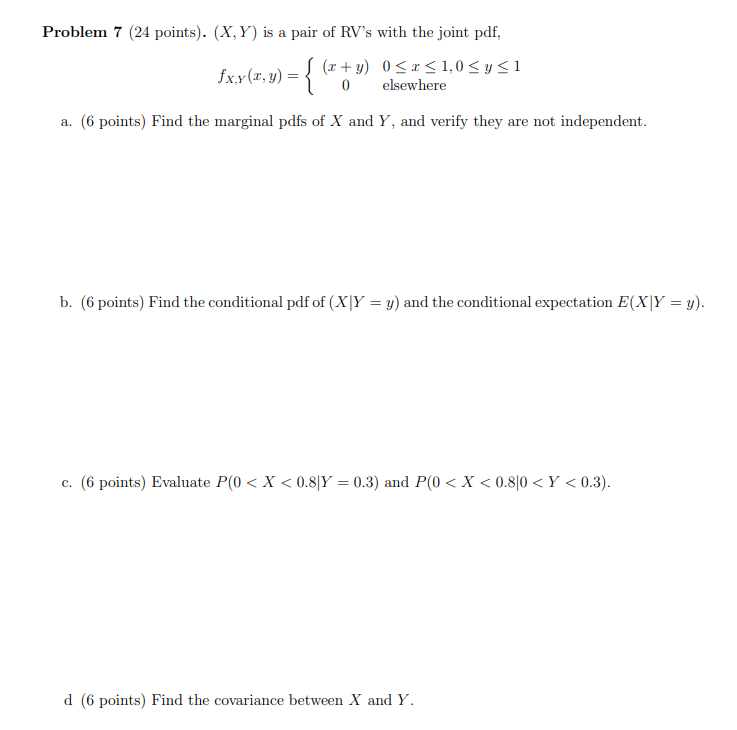 Solved Problem 7 (24 ﻿points). (X,Y) ﻿is a pair of RV's with | Chegg.com