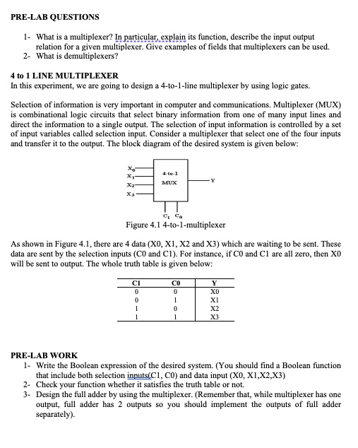 Solved PRE-LAB QUESTIONS1- ﻿What is a multiplexer? In | Chegg.com