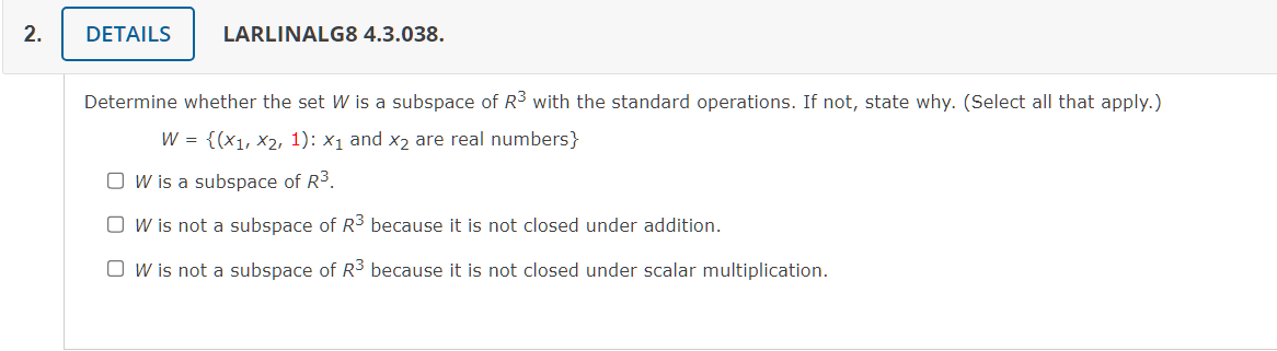 Solved Determine whether the set W is a subspace of R3 with | Chegg.com