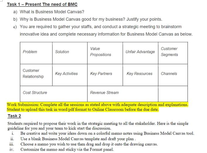 Solved Task 1 - Present The need of BMC a) What is Business | Chegg.com