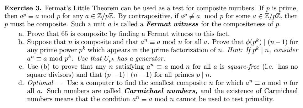 Solved Exercise 3. Fermat's Little Theorem can be used as a | Chegg.com
