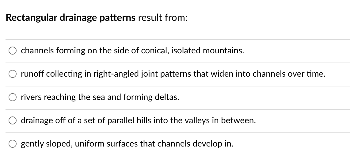 Solved Rectangular drainage patterns result from: channels | Chegg.com