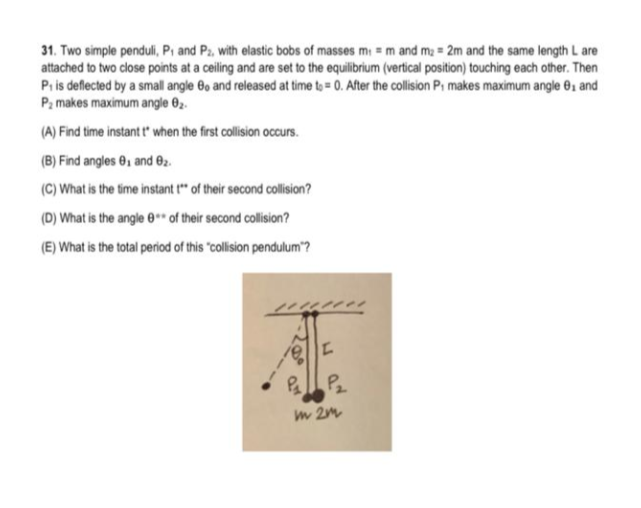 Solved 31. Two simple penduli, P, and P2, with elastic bobs | Chegg.com