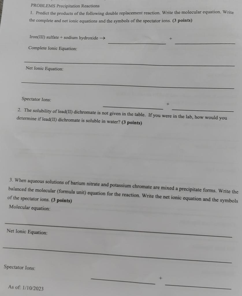 Solved PROBLEMS Precipitation Reactions 1. Predict the | Chegg.com
