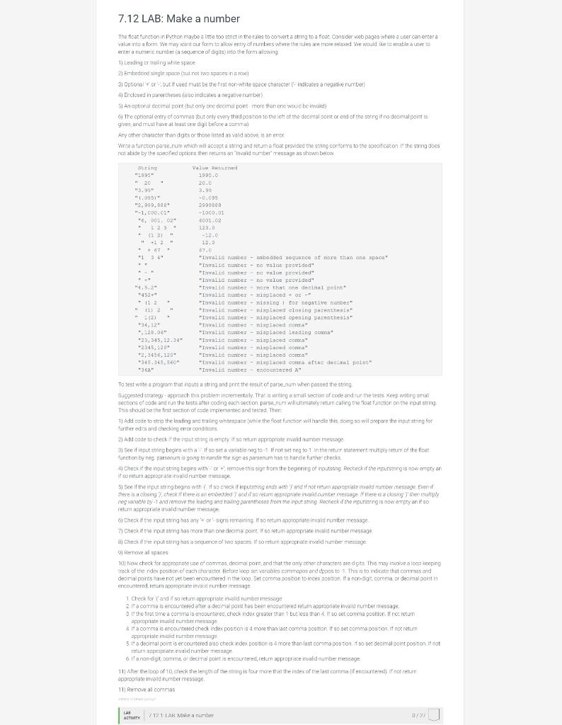Solved 7.12 LAB: Make a number The float turction in Pychor | Chegg.com