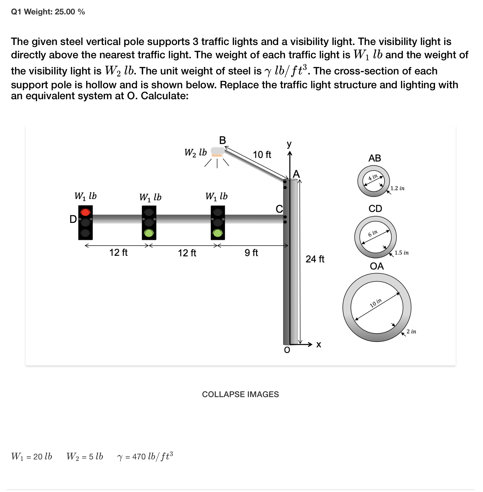 Solved The given steel vertical pole supports 3 traffic | Chegg.com