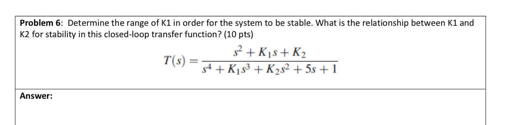 Solved Problem 6: Determine the range of K1 in order for the | Chegg.com
