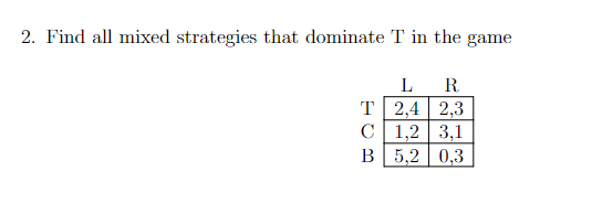 Solved 2. Find all mixed strategies that dominate T in the | Chegg.com