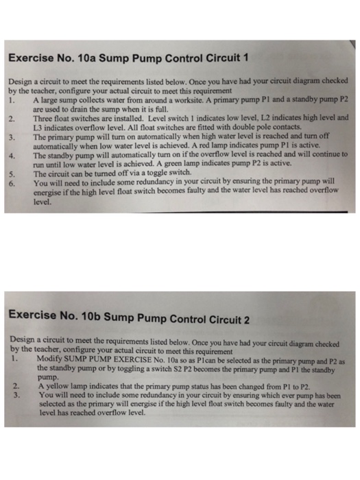 Exercise No. 10a Sump Pump Control Circuit 1 Design a | Chegg.com